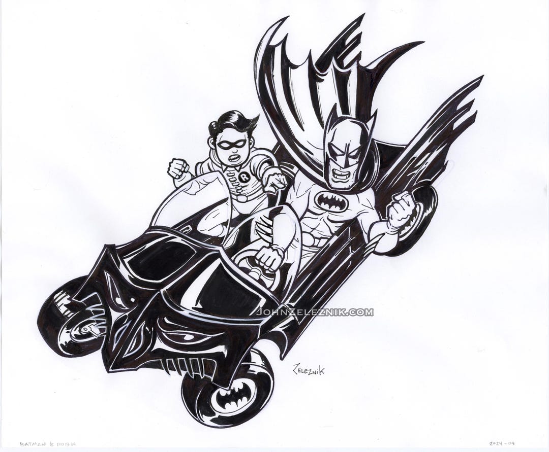 BATMAN & ROBIN Batmobile Original Ink Drawing by Zeleznik, One of a ...