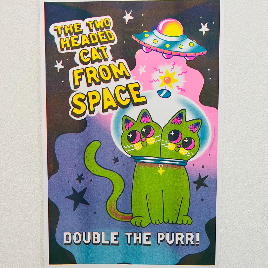 Two Headed Cat From Outer Space Risograph Print - Etsy