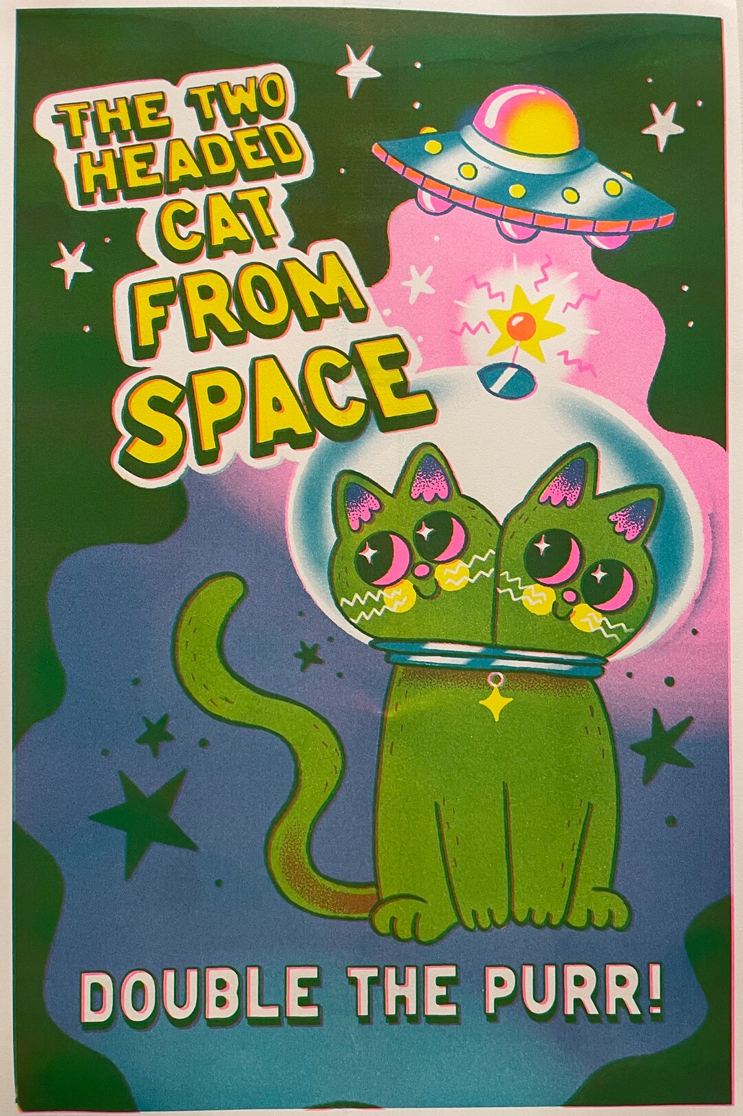 Two Headed Cat From Outer Space Risograph Print - Etsy