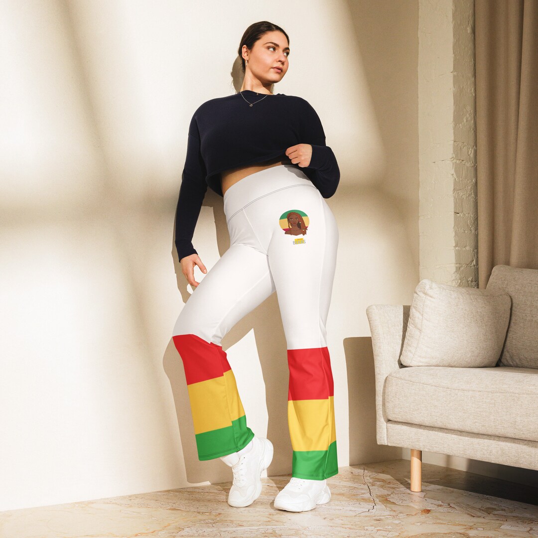 RASTAFARIAN High Waist FLARED Yoga PANTS, Womens Workout Gym Wear Lightweight Jamaica Leggings ...