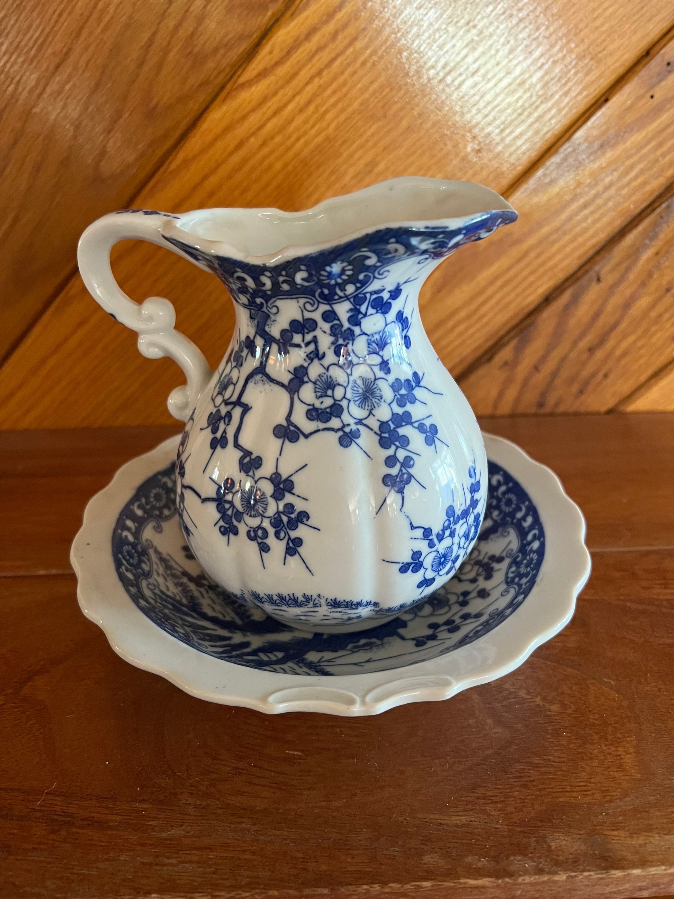 Vintage Lego Pitcher and Bowl Porcelain Floral Blue White Design Made ...