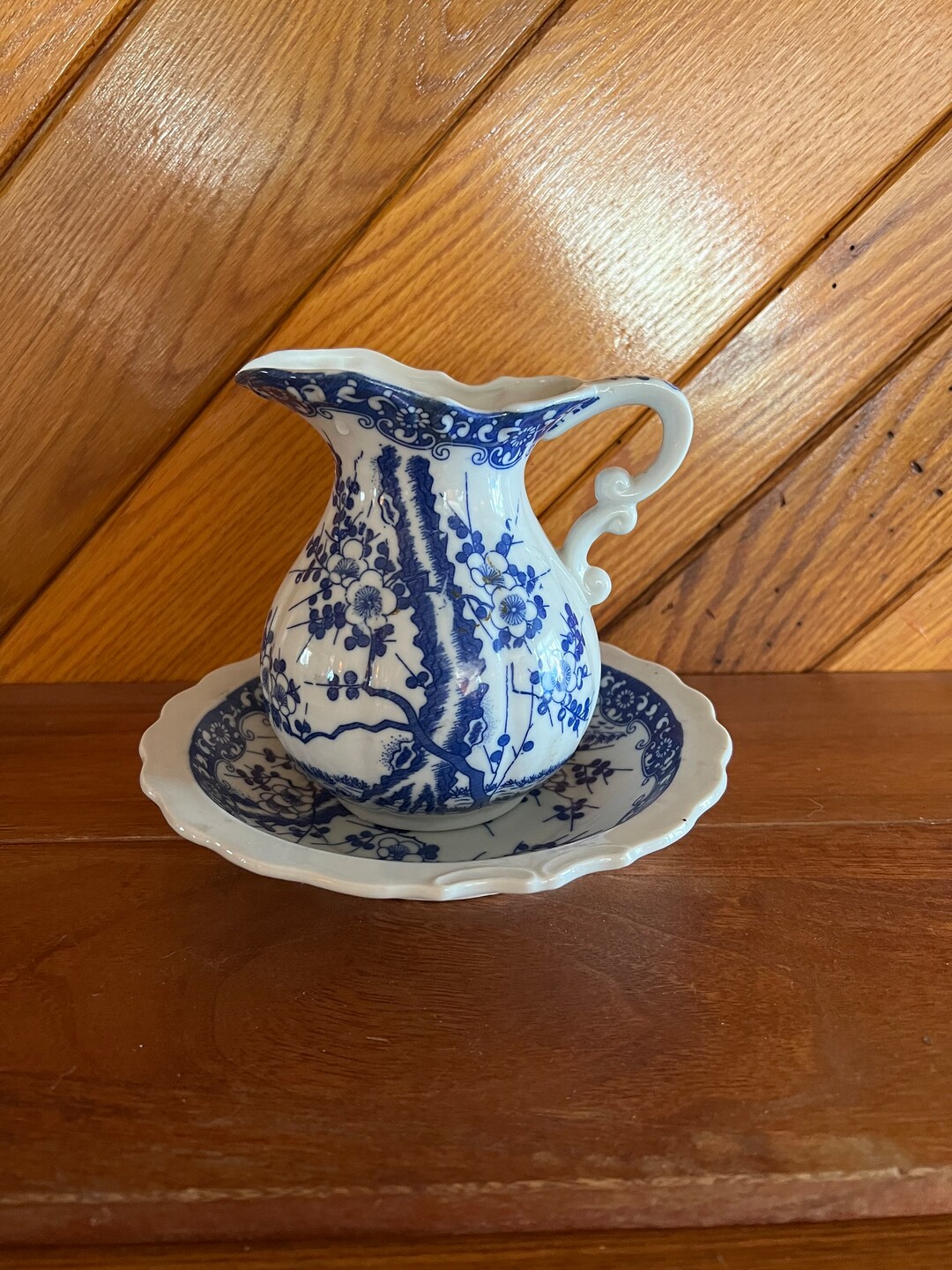 Vintage Lego Pitcher and Bowl Porcelain Floral Blue White Design Made ...