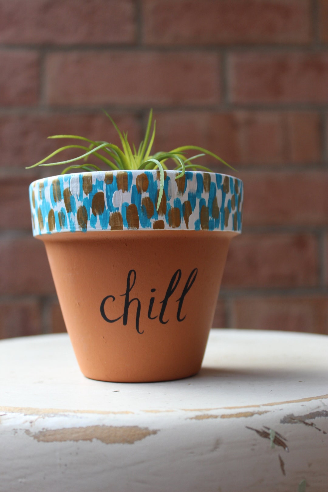Hand-painted Terracotta Succulent Planter: Teal, Gold, and Calligraphy ...