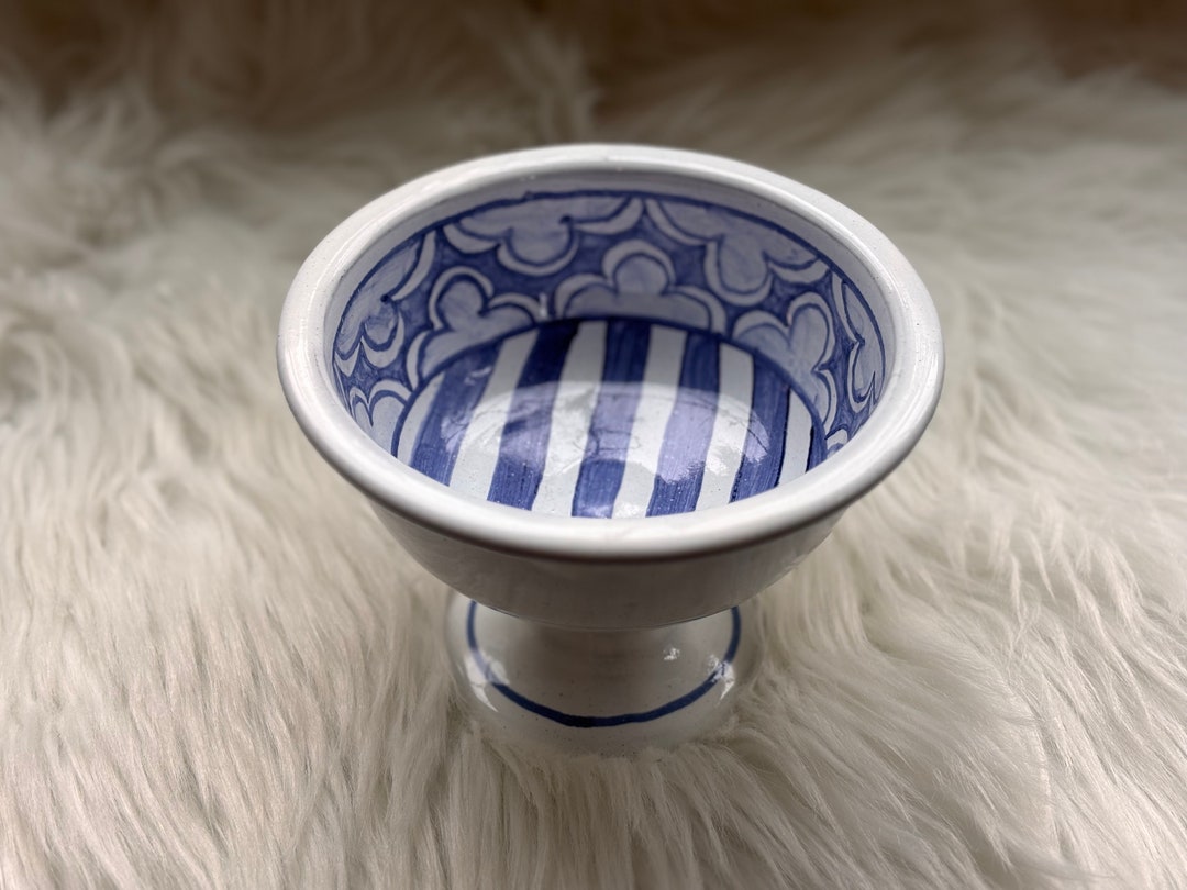 Vintage Hand Painted White Blue Footed Pedestal Fruit Bowl Portugal ...