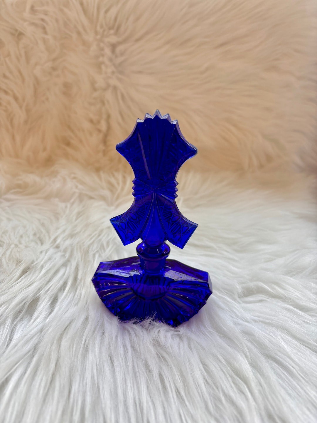 Vintage Tall Cobalt Navy Blue Glass Perfume Bottle Abstract Design ...