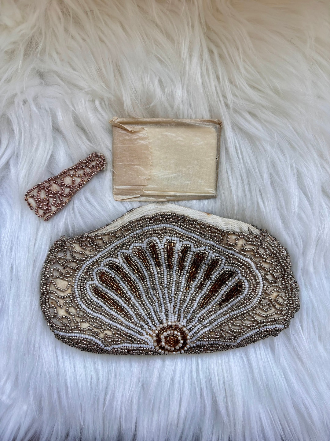 Vintage Antique Clutch Purse Shell Shape Beaded Evening Bag Peach Light ...