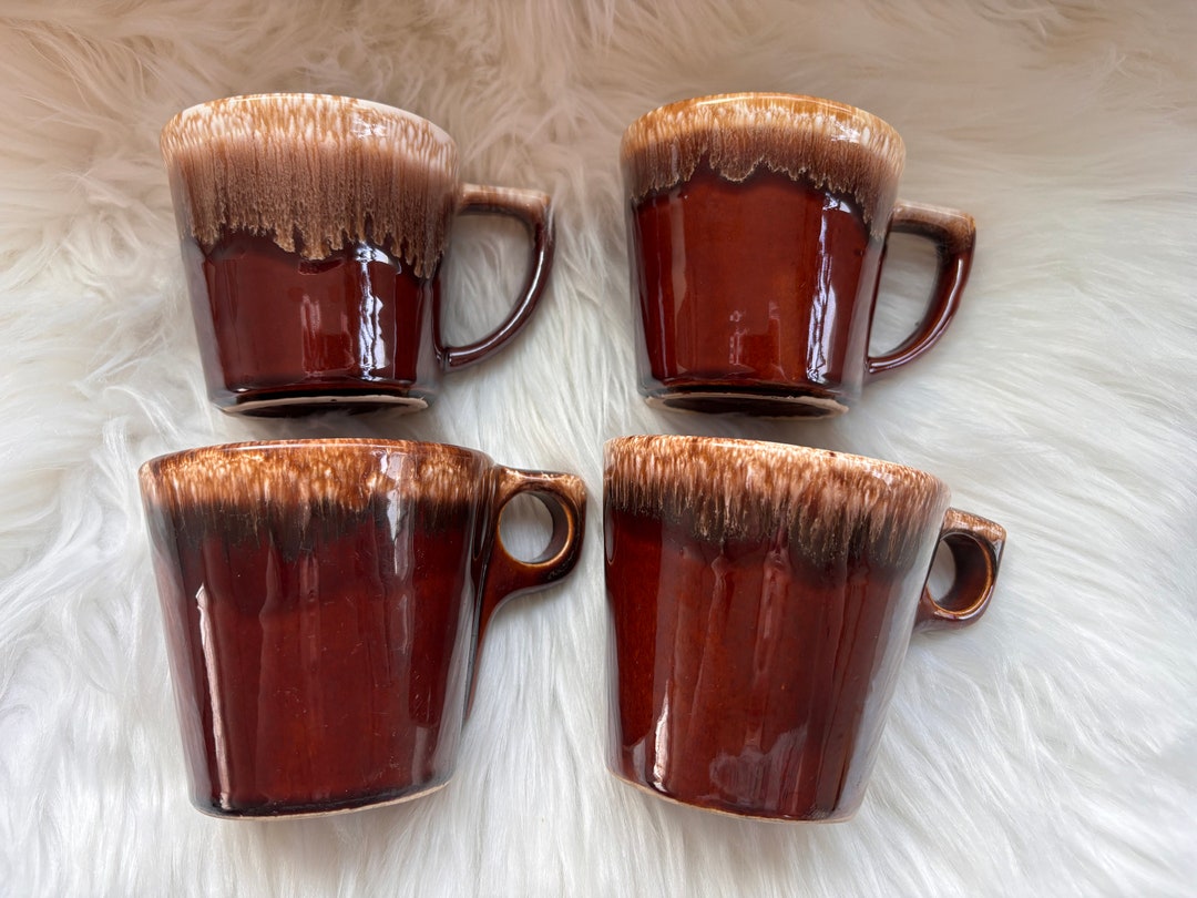 Vintage Set of 2 Drip Glaze Redware Coffee & Tea Cups Hull Oven Proof and Mccoy USA Brown MCM ...