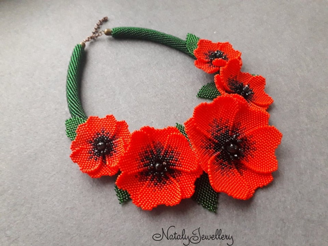 Red Flowers Necklace Big Beaded Necklace Gift for Her Red | Etsy