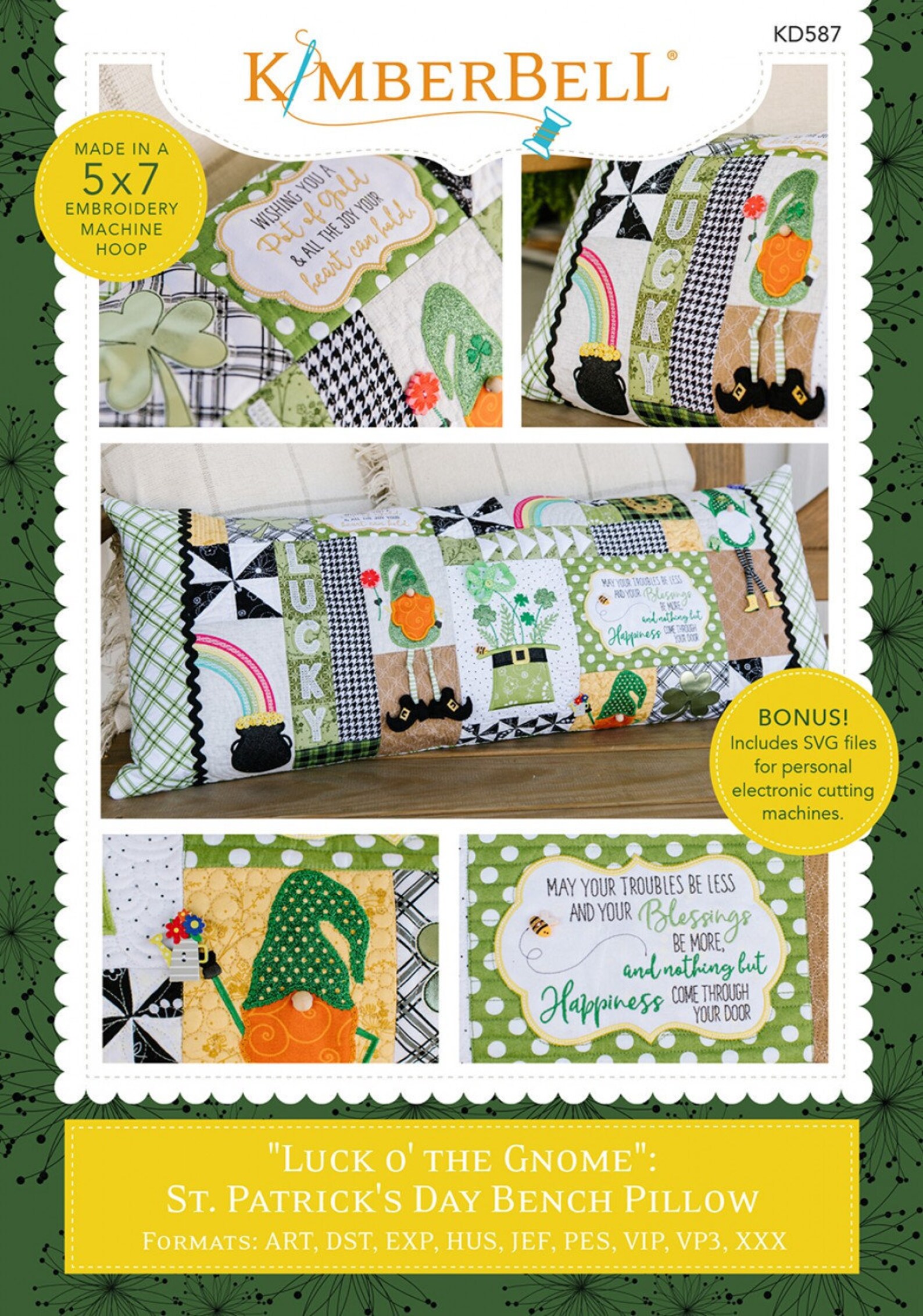 Luck O the Gnome Bench Pillow Machine Embroidery CD by Kimberbell ...