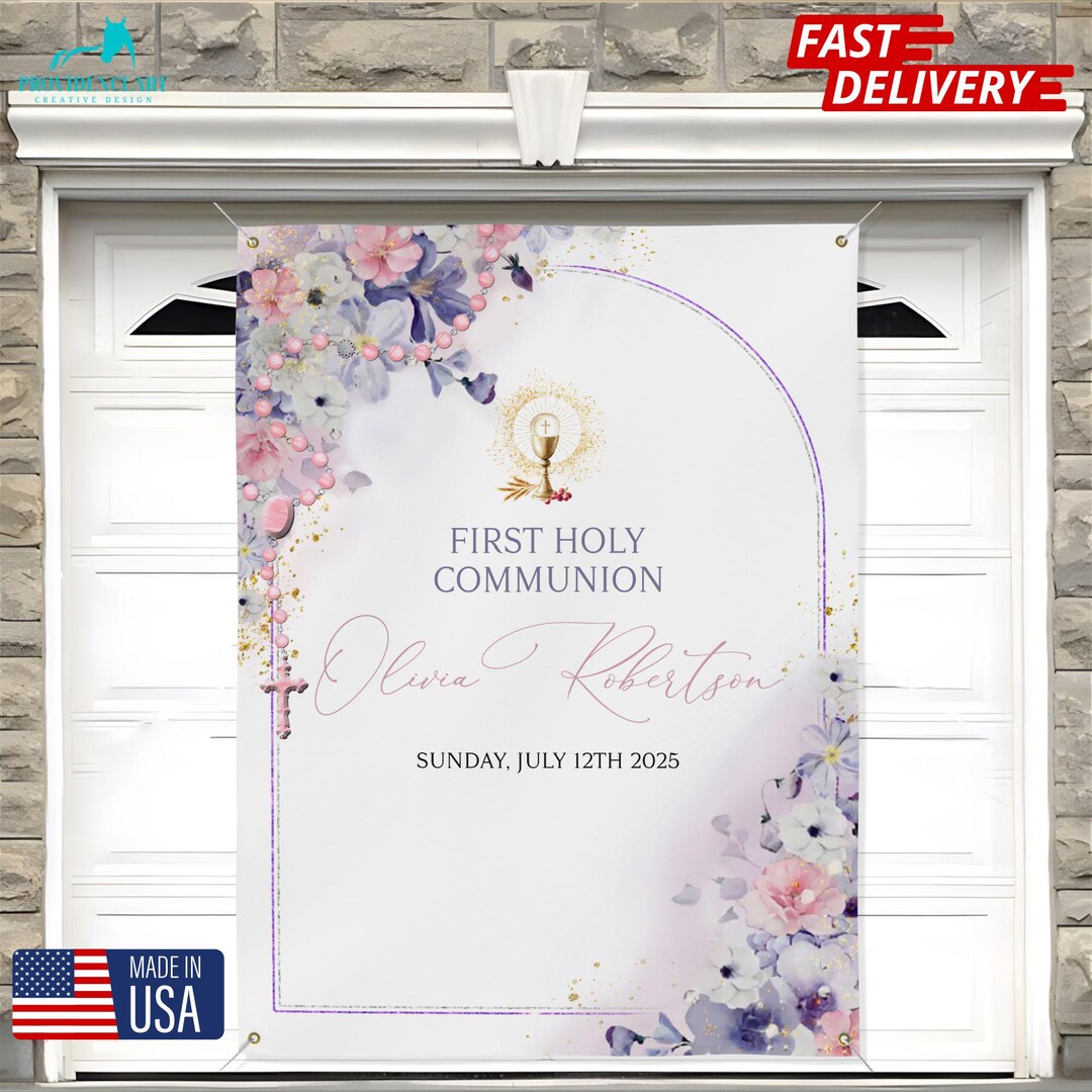 First Holy Communion Backdrop, Purple Floral Backdrop Cover, Girl Holy ...