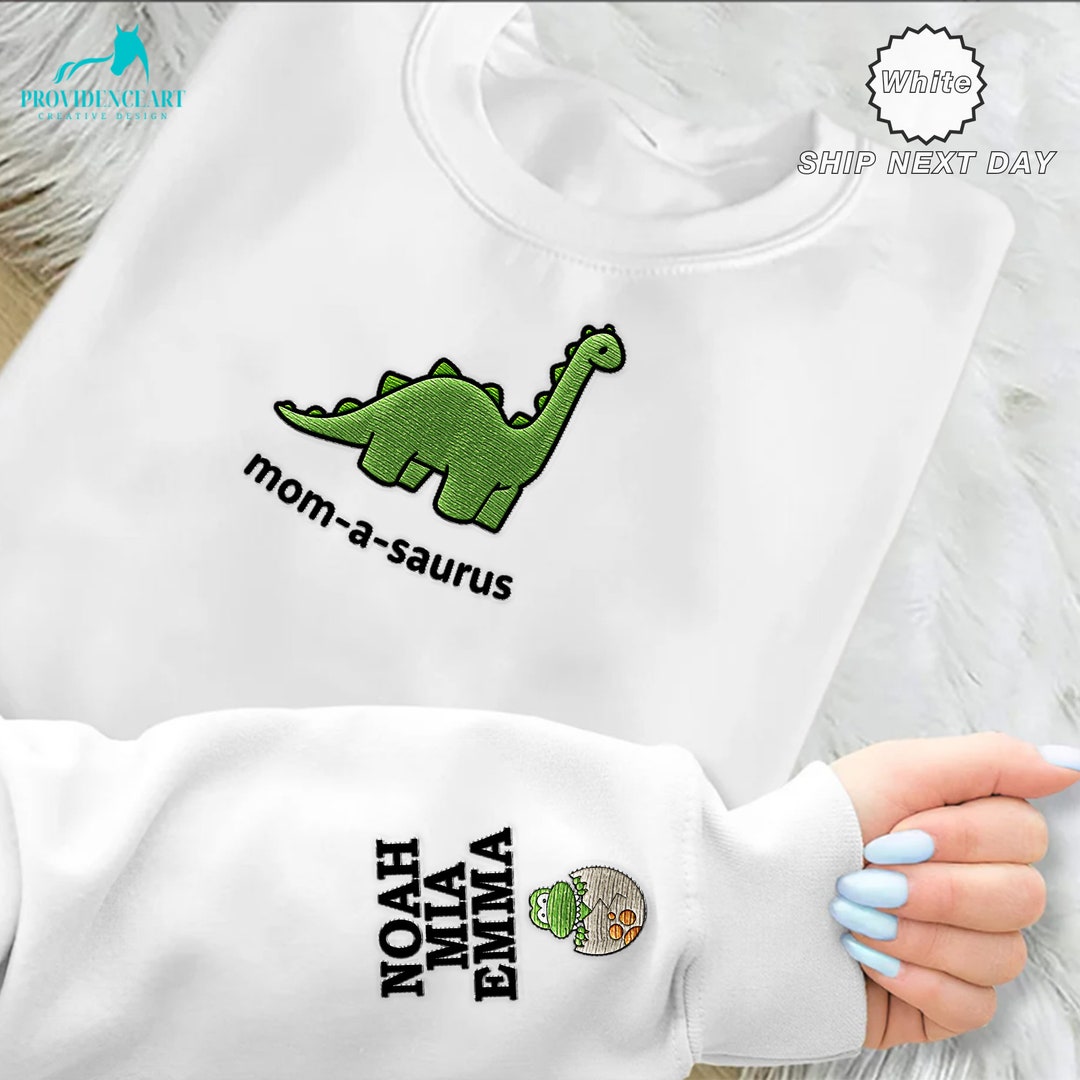 Momasaurus Dinosaur Sweatshirt, Kid Name Embroidered Sleeve, Mothers ...