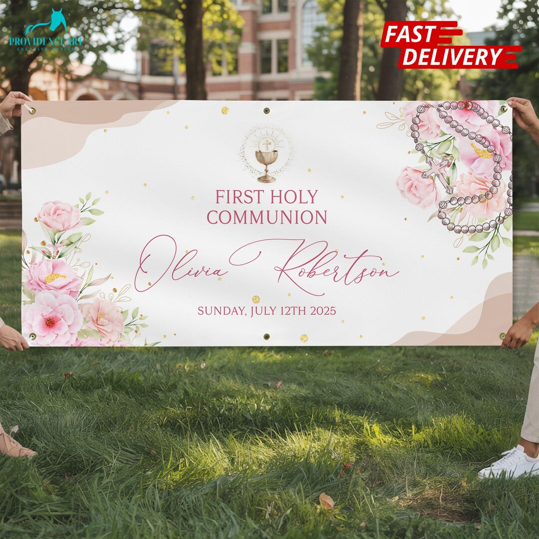 First Holy Communion Backdrop Pink Rosary With Name First Holy ...