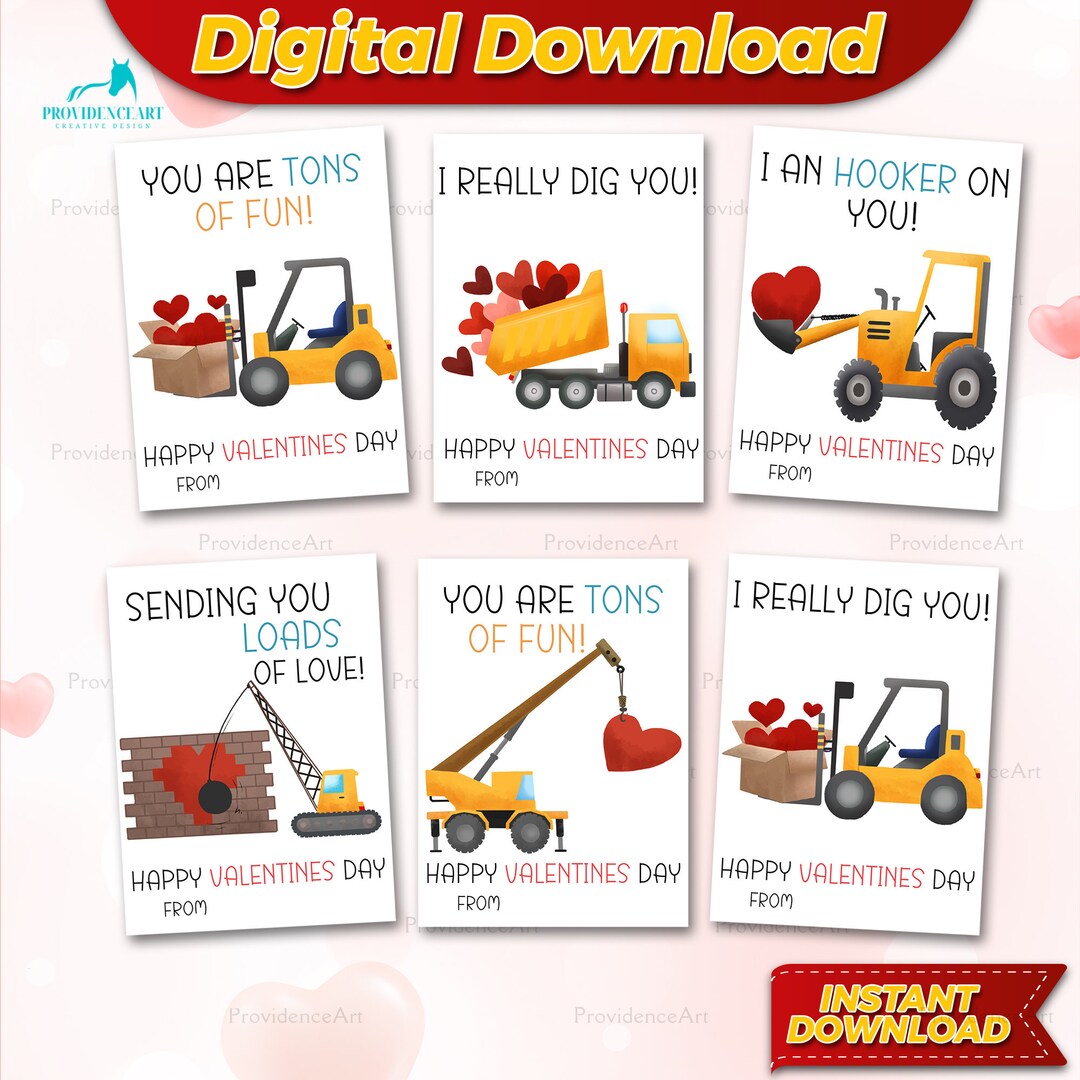 Printable Construction for Kids Classroom Valentine Day Cards, Funny ...