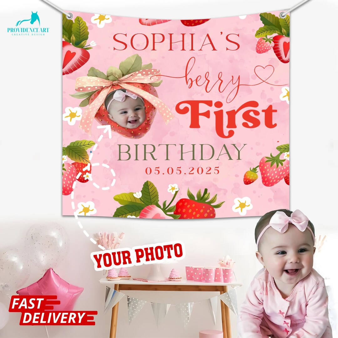 Berry First Birthday Backdrop, Strawberry 1st Birthday Tapestry, First ...