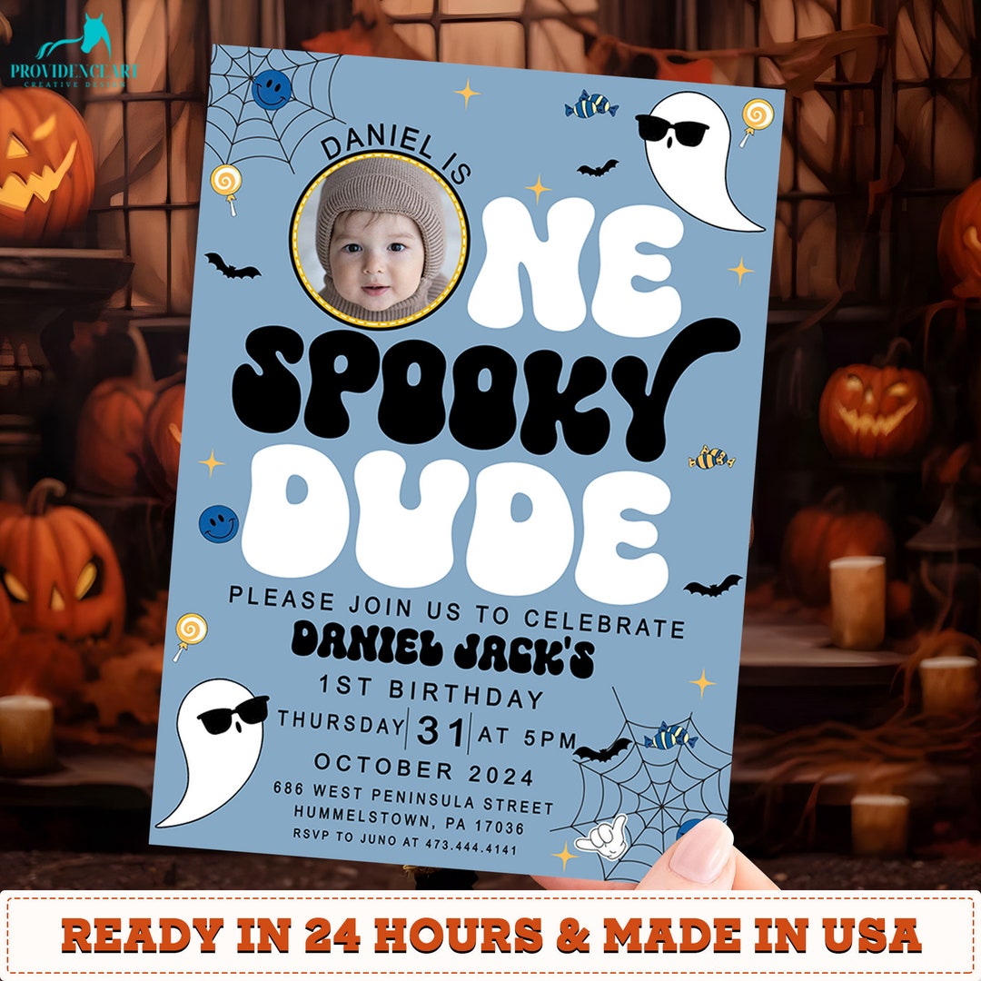Editable One Spooky Dude Birthday Invitation With Picture, Groovy Ghost ...