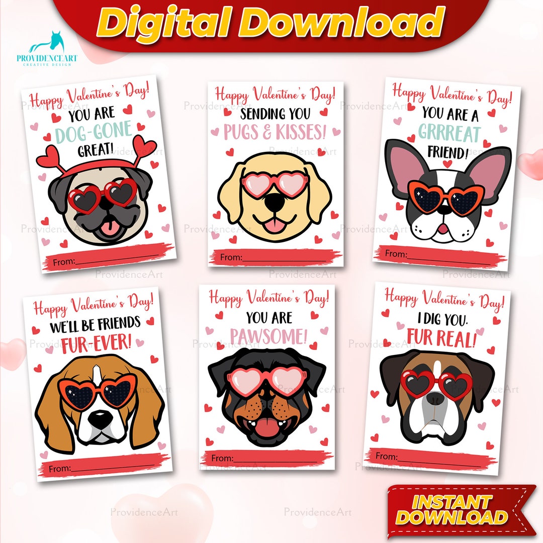 Printable Dog Valentines Day Cards for Kids, Cute Classroom Valentine ...