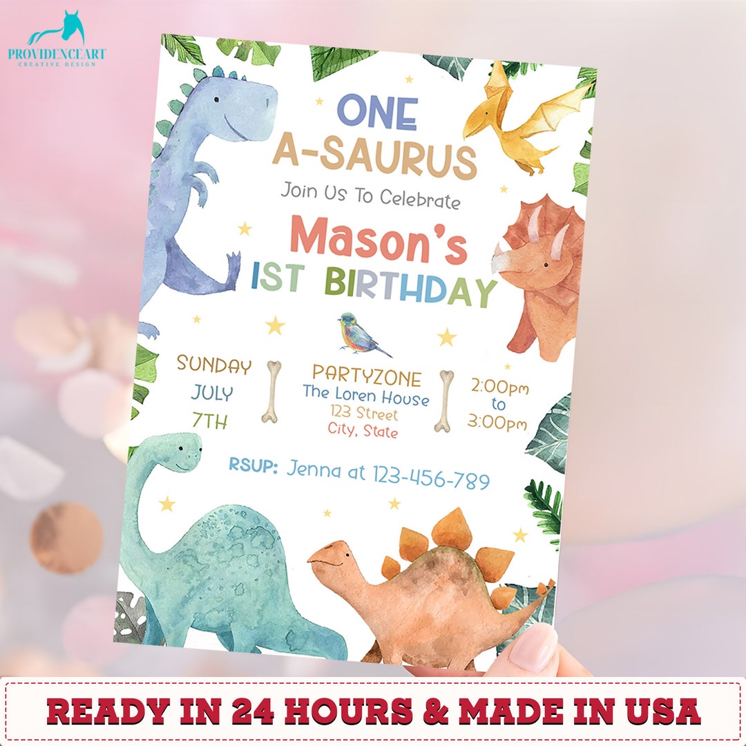 One A Saurus Birthday Invitation Editable, 1st Birthday Invite ...