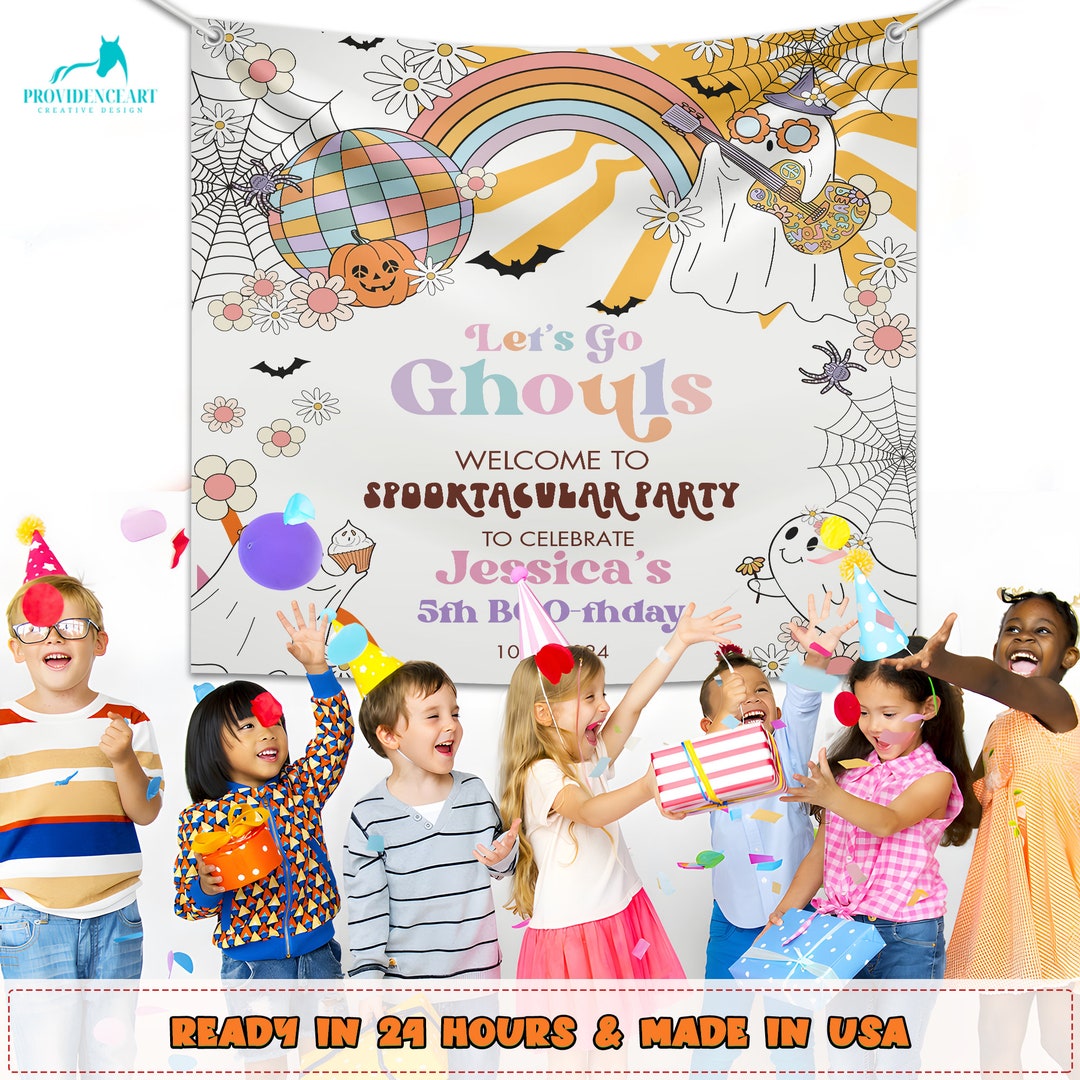 Let's Go Ghouls Halloween Backdrop, Retro Groovy Rainbow Ghost Banner ...