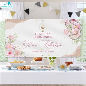First Holy Communion Backdrop Pink Rosary With Name First Holy ...
