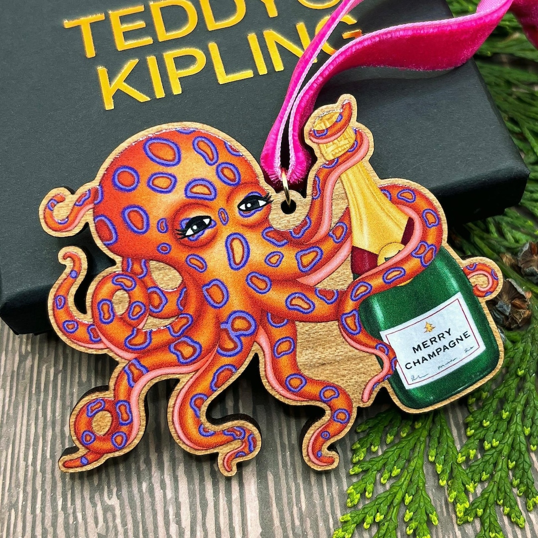 Champagne Octopus Christmas Tree Ornament: Illustrated Wooden Sea ...