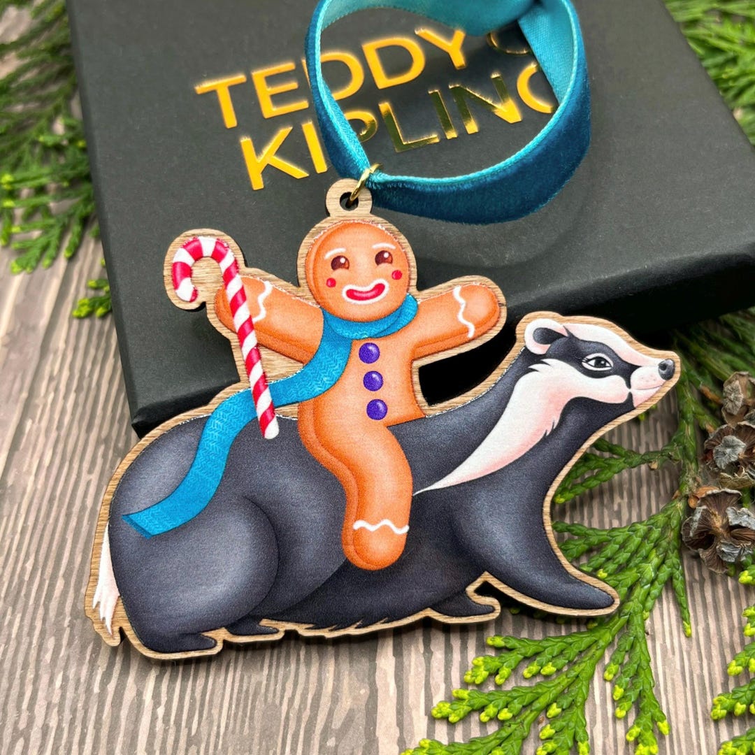 Gingerbread Man Riding Badger Wooden Christmas Ornament: Kitsch Xmas ...