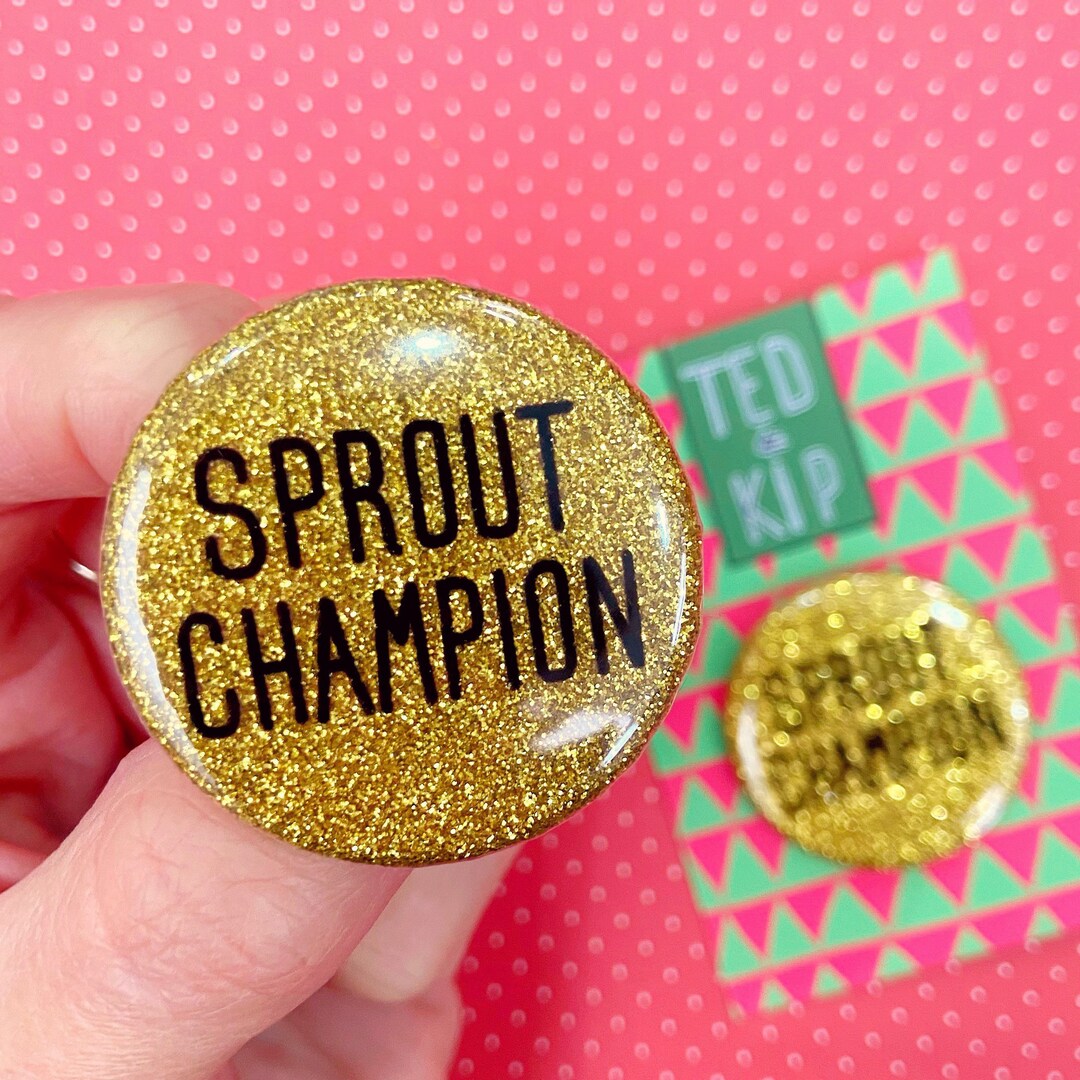 Christmas Badge Sprout Champion Gold Glitter Button Sparkly Funny ...