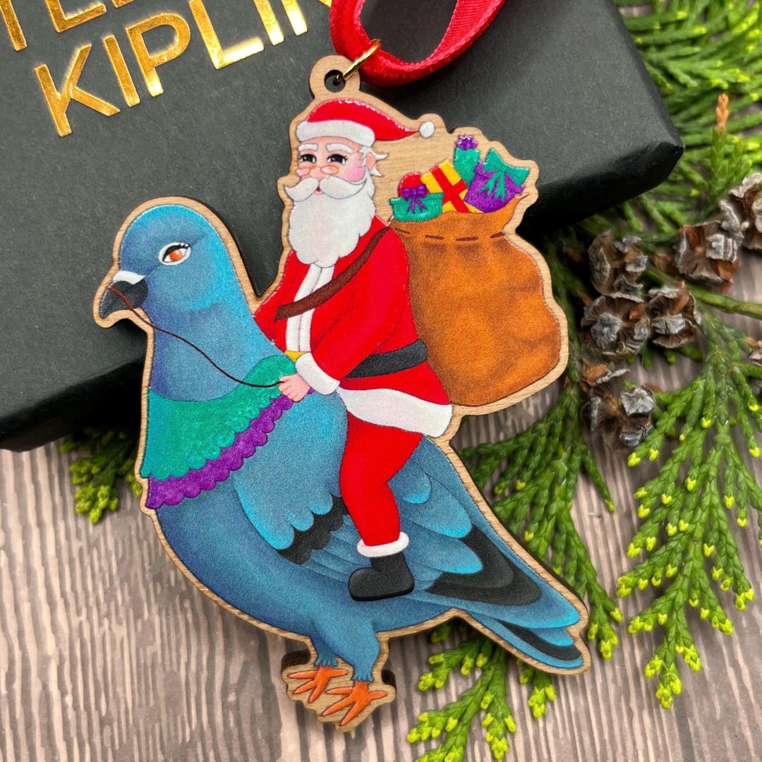 Santa Claus Riding A Pigeon Wooden Christmas Ornament: Kitsch Xmas ...