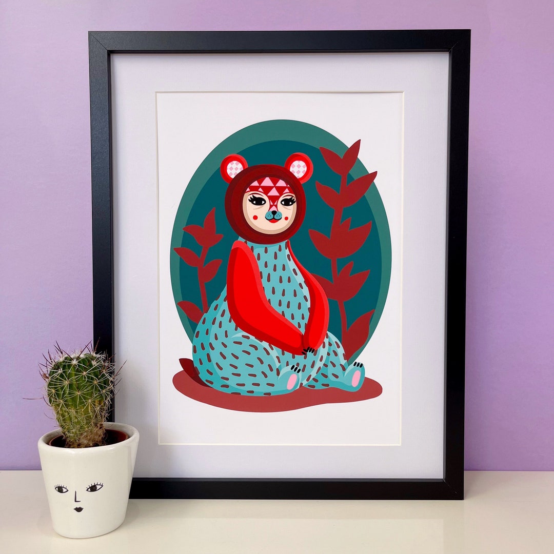 Bear Print, A4 or A3 Cute Art Print, Nursery Poster, Red Blue, Animal ...