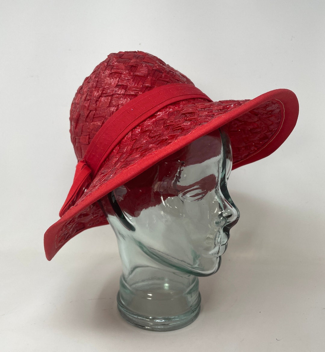 Vtg Red Straw Hat 1960's Mid Century Grosgrain Ribbon Bow Summer Hat ...