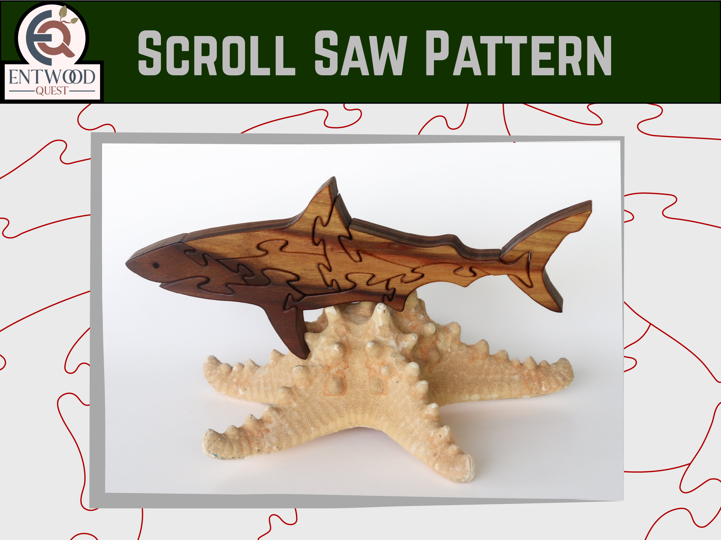 Sea Life Scroll Saw Puzzle Pattern Set 1, Shark, Squid, Marlin, Bass, Manta Ray, Wooden Puzzle ...