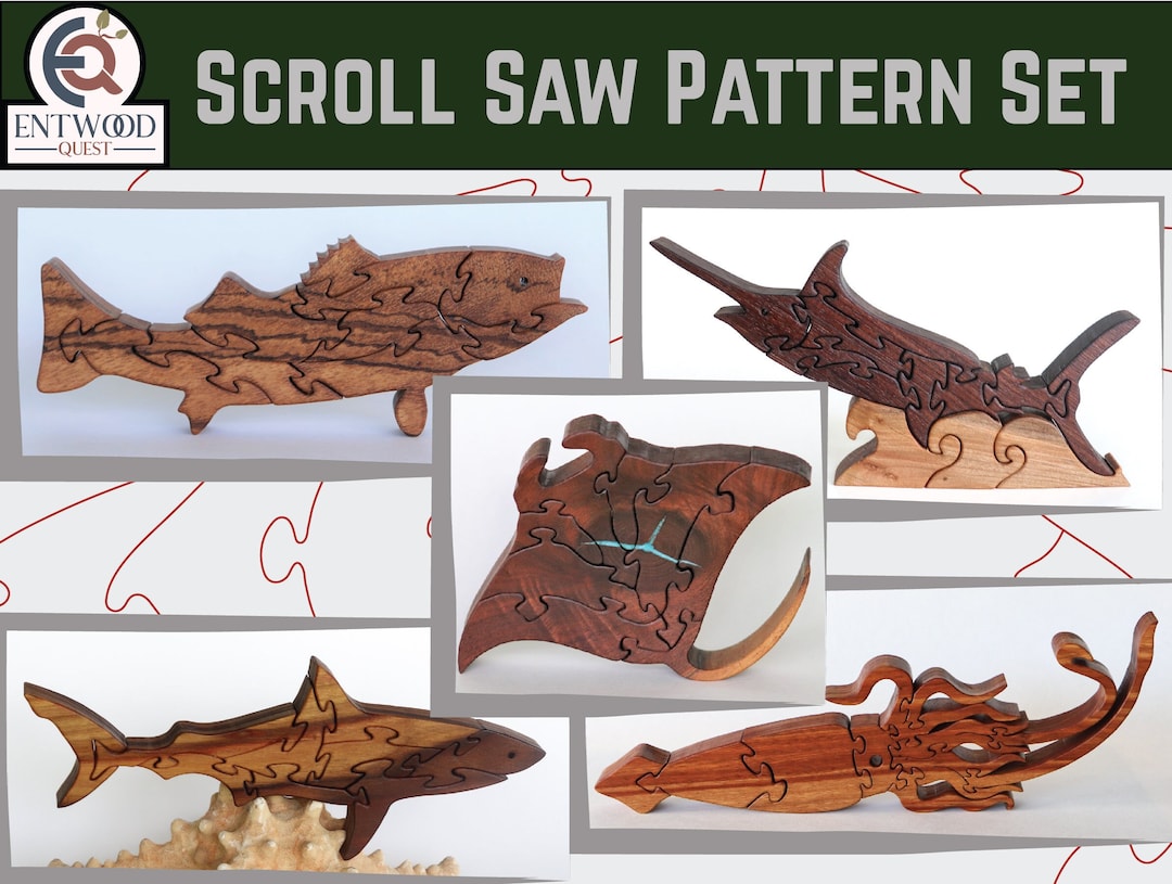 Sea Life Scroll Saw Puzzle Pattern Set #1, Shark, Squid, Marlin, Bass, Manta Ray, Wooden Puzzle ...