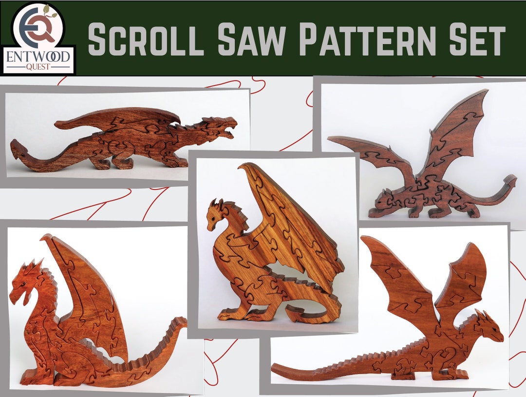 Dragon Scroll Saw Puzzle Pattern Set, Scroll Saw Wyvern Mythical Animal, Wooden Drake Puzzle ...