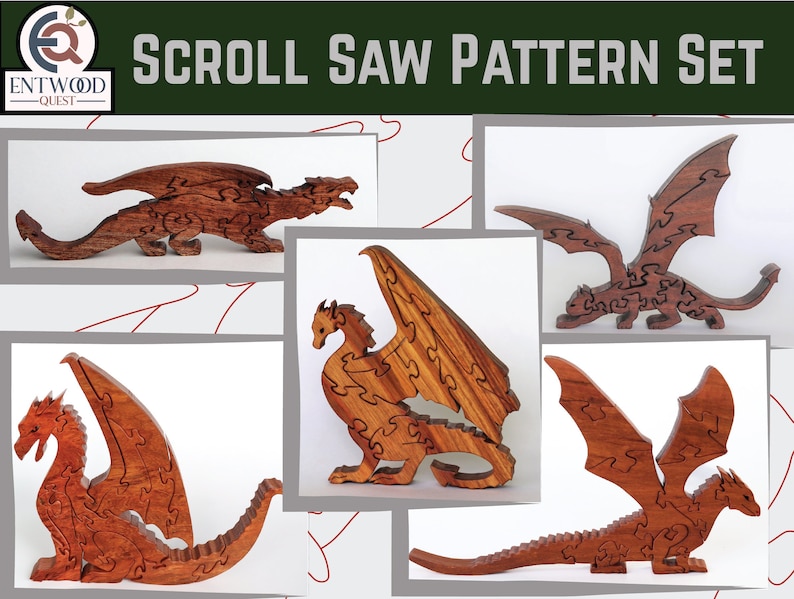 Dragon Scroll Saw Puzzle Pattern Set, Scroll Saw Wyvern Mythical Animal, Wooden Drake Puzzle ...