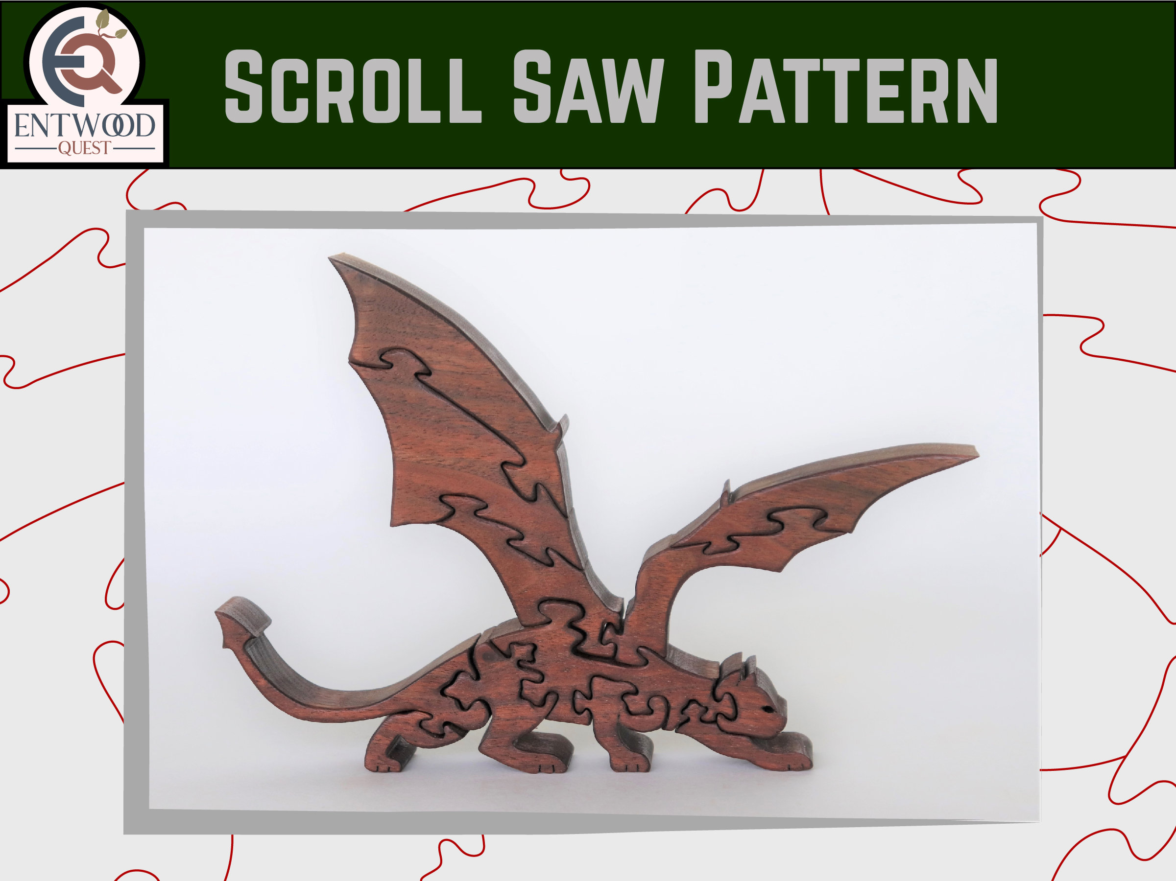 Dragon Scroll Saw Puzzle Pattern Set, Scroll Saw Wyvern Mythical Animal, Wooden Drake Puzzle ...
