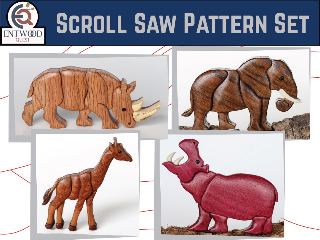 African Wildlife Mini Intarsia Pattern Set, Elephant, Hippo, Rhino ...