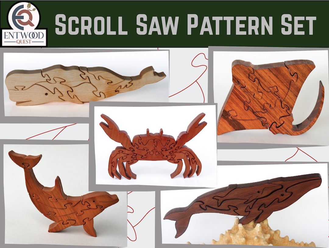 Sea Life Scroll Saw Puzzle Pattern Set #2, Sperm Whale, Bull-nosed Stingray, Crab, Dolphin ...
