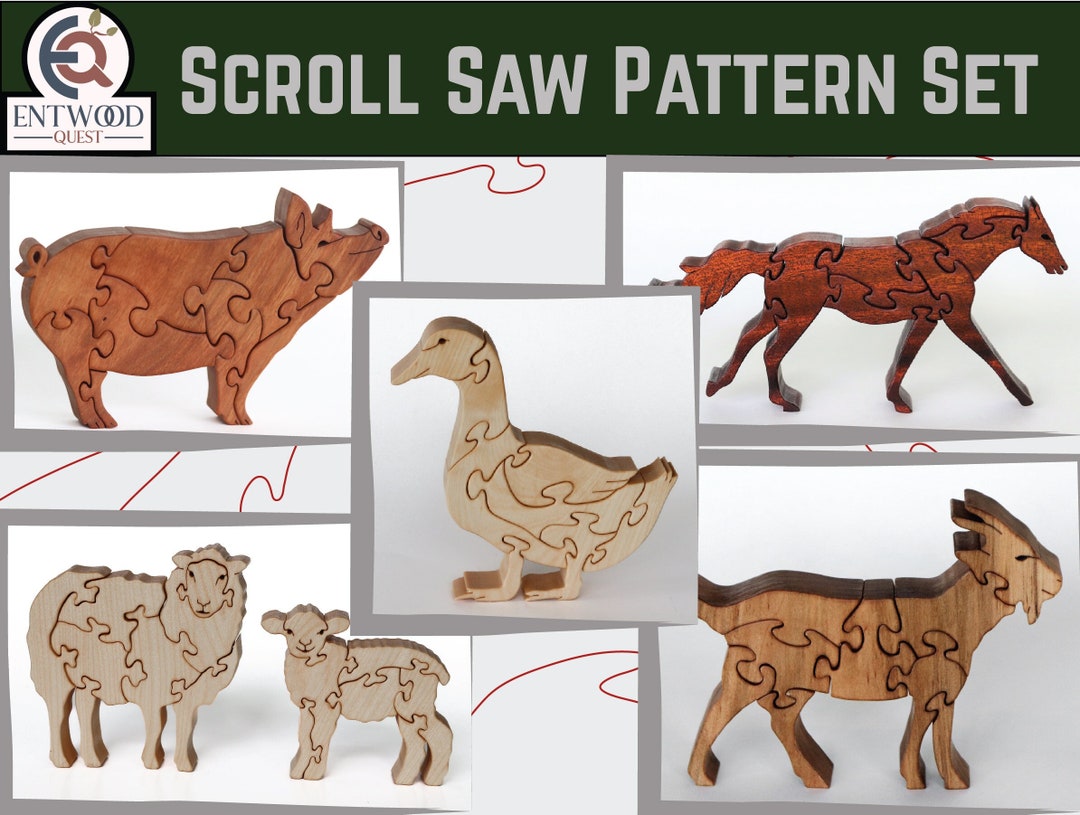 Farm Animal Scroll Saw Puzzle Pattern Set, Duck, Horse, Pig, Goat, Sheep, & Lamb, Wooden Puzzle ...