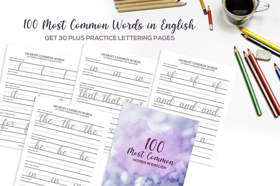 100 Most Common Words in English Lettering Worksheet for Large | Etsy