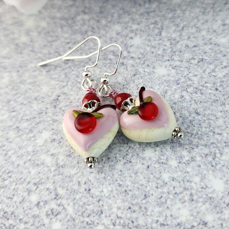 Handmade Lampwork Glass Heart Pastry Earrings • Cherry Themed Jewelry ...