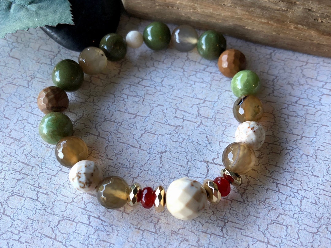 Earthy Beaded Multi Gemstone Stretch Bracelet • Earth Tone Jewelry ...