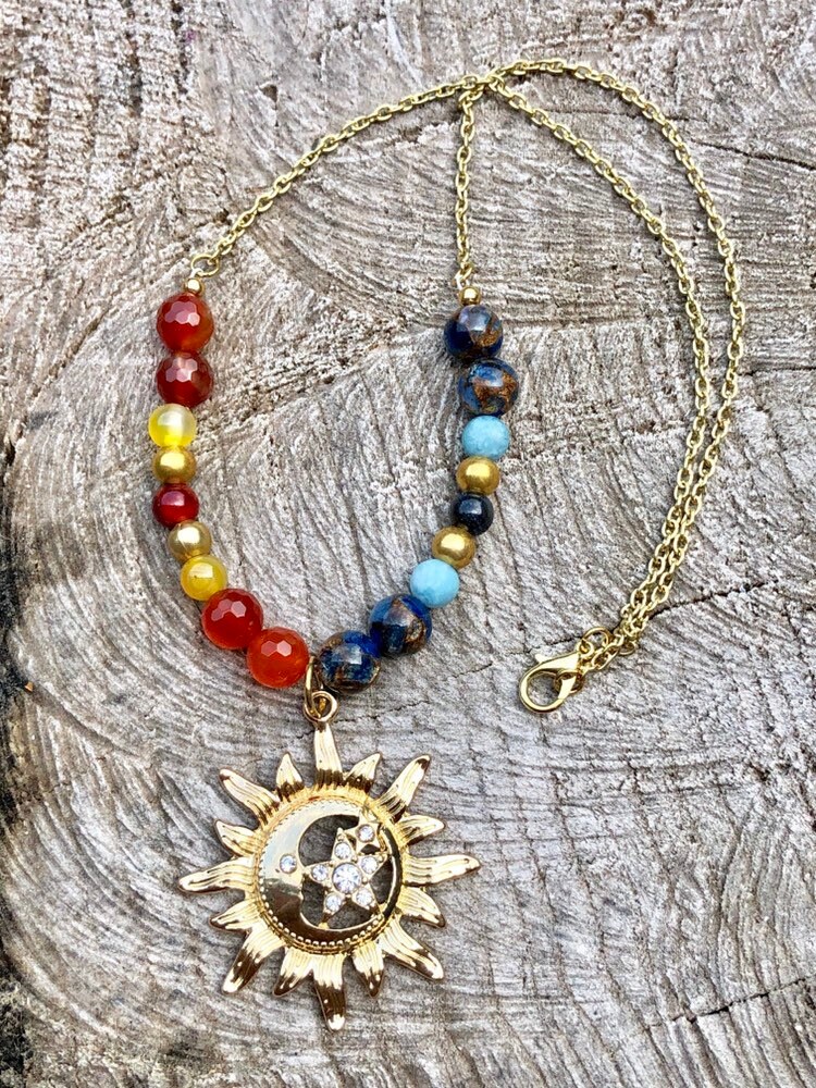Sun & Moon Pendant Bead and Chain Necklace | Etsy