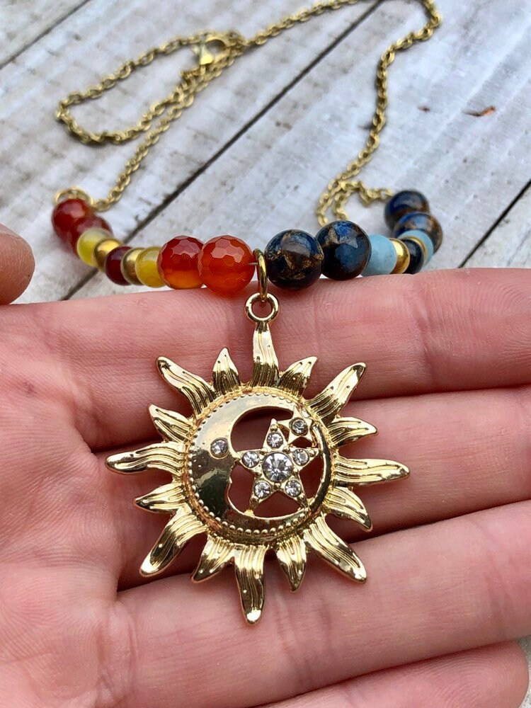 Sun & Moon Pendant Bead and Chain Necklace | Etsy