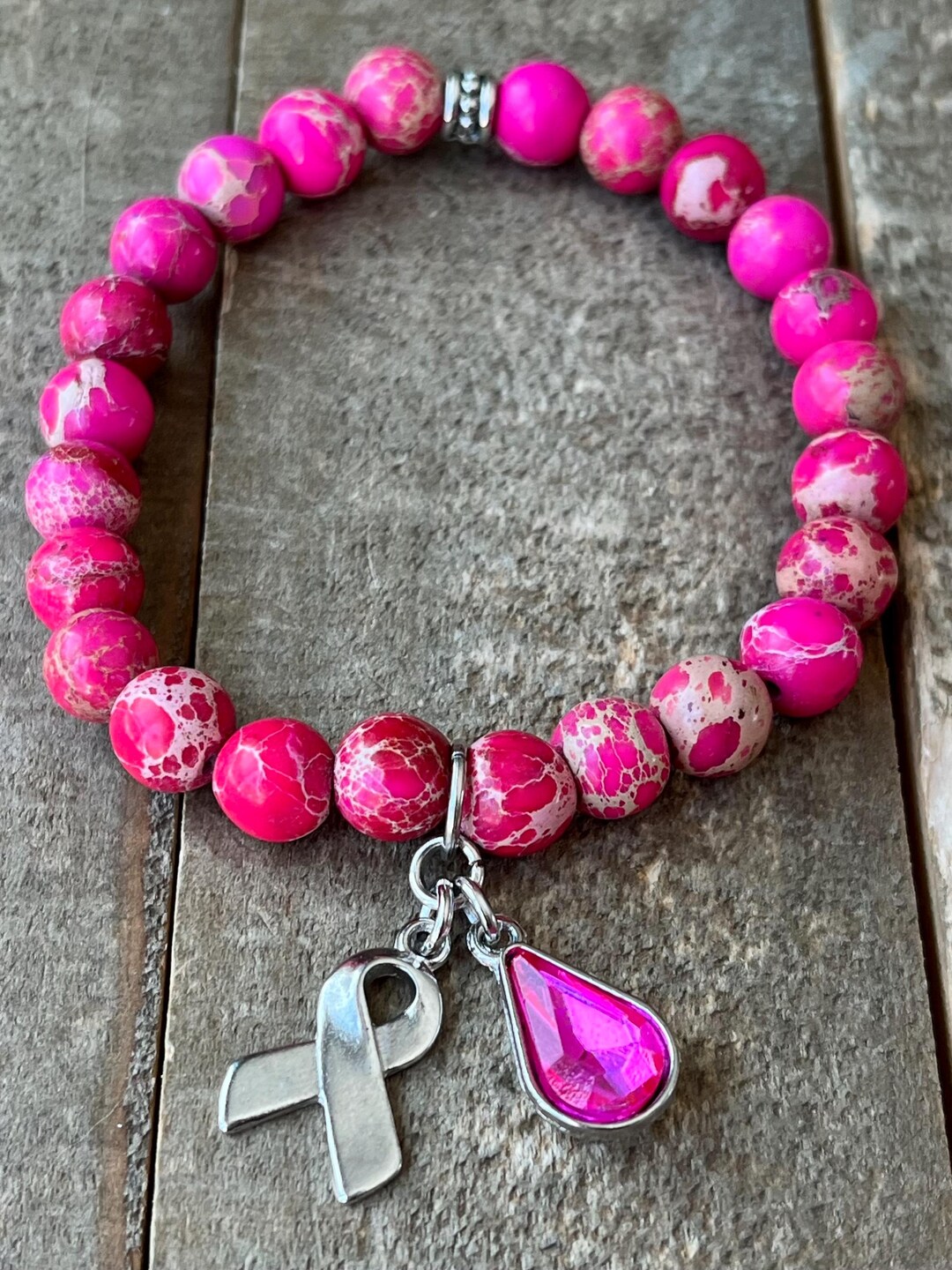 Breast Cancer Awareness Ribbon Charm Gemstone Beaded Stretch Bracelet ...