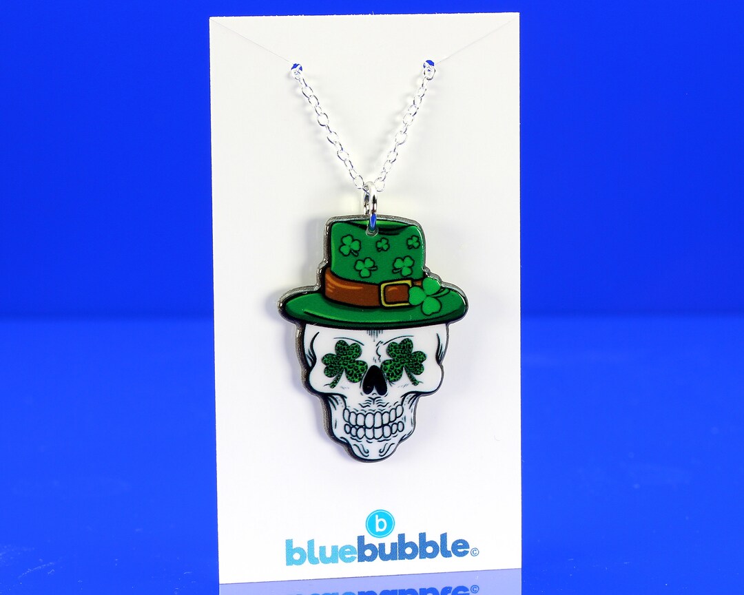 Bluebubble GOOD LUCK Large Skeleton Skull Clover Necklace on Gift Card ...