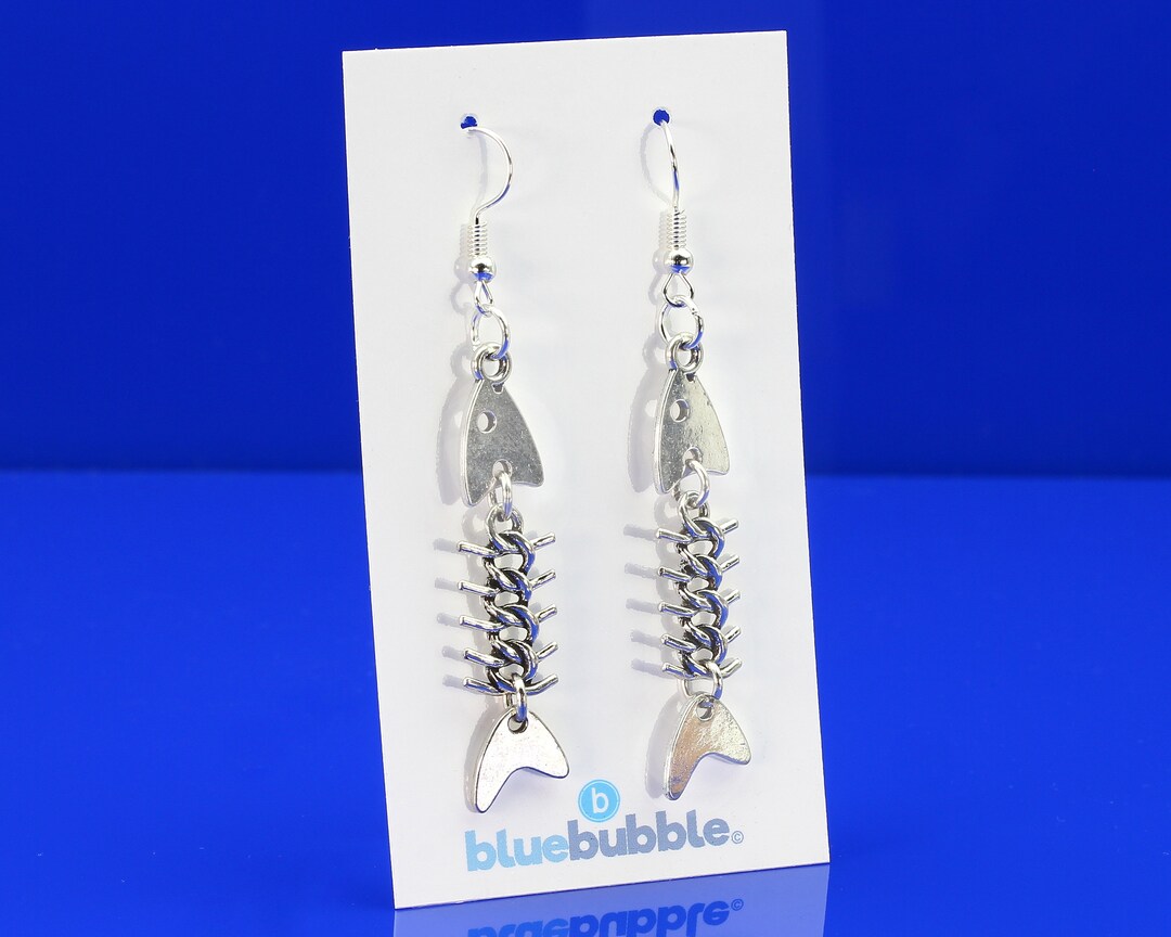 Bluebubble Silver FISH BONE Skeleton Earrings on Gift Card - Funky ...