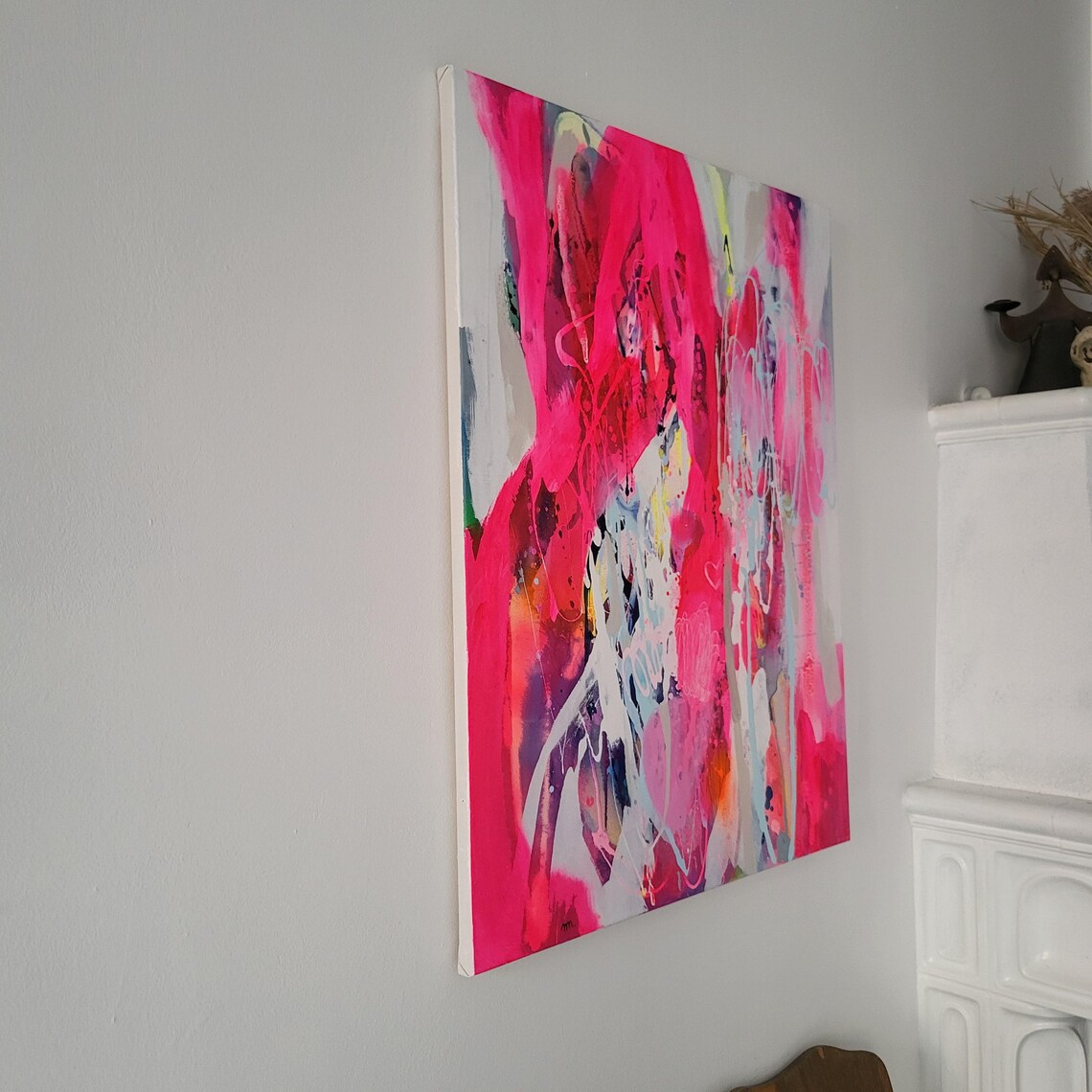 Modern Colorful Abstract Art, Fluo Pink Painting on Canvas, Original ...