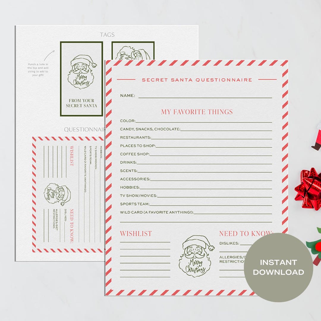 Secret Santa Questionnaire & Gift Tags Printable | Instant Download ...