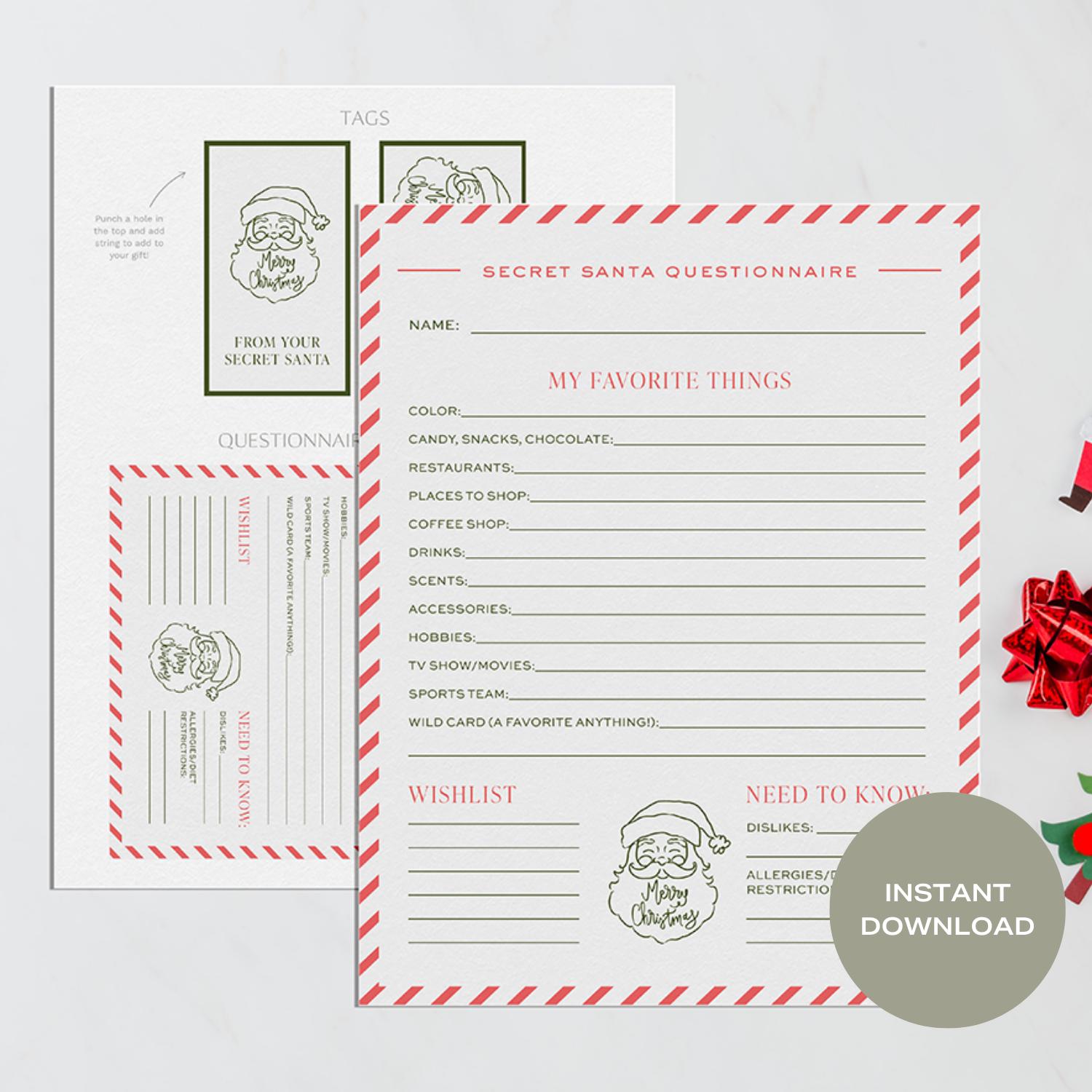 Secret Santa Questionnaire & Gift Tags Printable | Instant Download ...