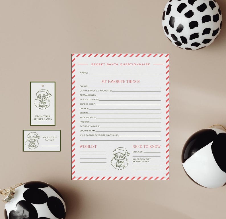 Secret Santa Questionnaire & Gift Tags Printable | Instant Download ...