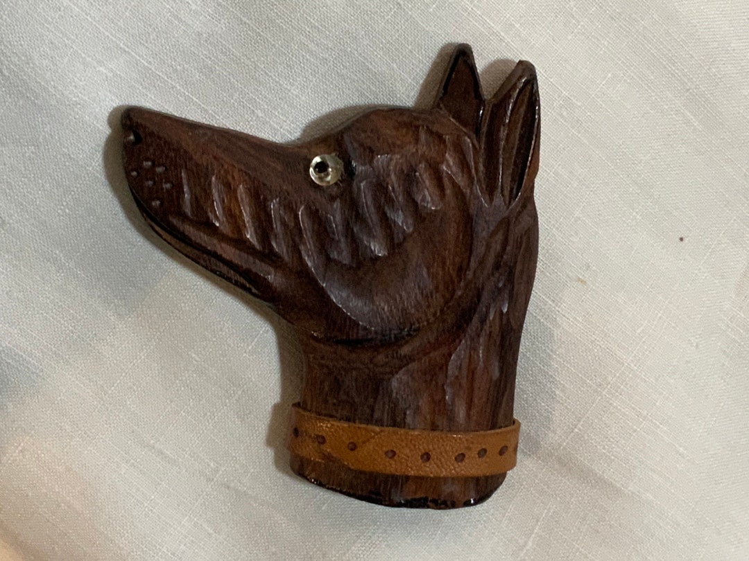 Vintage Large Wood and Leather Dog Head Brooch or Pin - Etsy